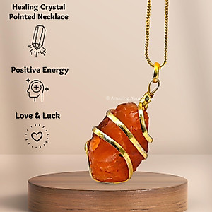 Carnelian Crystal Necklace with Gold Spiral Carnelian Raw Stone - Carnelian Pendant Women Wire Wrapped Pencil Jewelry with Adjustable Gold Chain and Premium Velvet Pouch (Extra Free Boho Necklace)