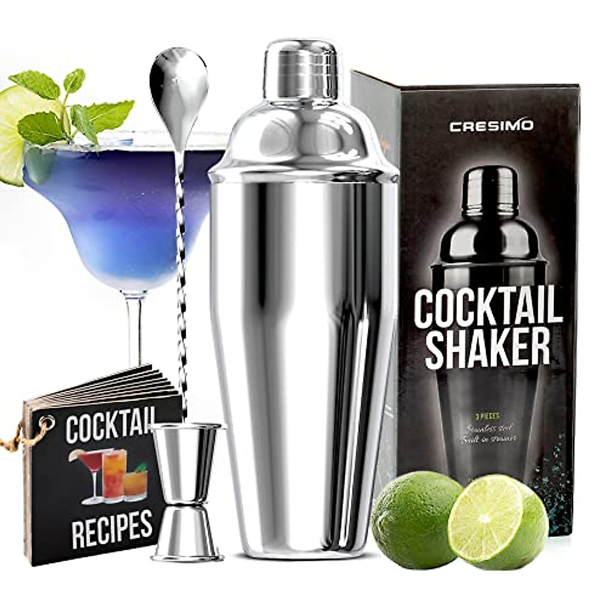 24oz Cocktail Shaker Set Bartender Kit w/Bar Accessories for The Home Bar Set- Martini Shaker, Jigger Drink Mixer Spoon -Alcohol Shaker Bartender Gift Idea- Bartending Kit Essential for Home- Cresimo