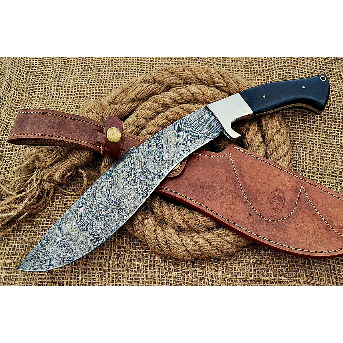 HUNTEX Handmade Hand-Forged Twist Pattern Damascus Steel 15 Inch Long Full Tang Natural Buffalo Horn Handle Razor Sharp Hunting Camping Kukri Knife w/Genuine Leather Sheath