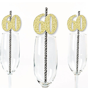 Gold Glitter 60 Party Straws - No-Mess Real Gold Glitter Cut-Out Numbers & Decorative 60th Birthday Party Paper Straws - Set of 24
