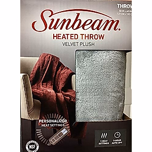 Sunbeam Velvet Plush Electric Heated Throw Blanket with 3 Heat Settings and Auto-Off, Machine Washable (Silver Grey)