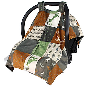 Dear Baby Gear Deluxe Reversible Car Seat Canopy, Custom Minky Print, Faux Quilt Rust Adventure and Moose on Brown