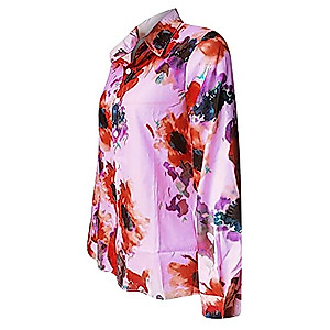lcziwo Button Down Floral Printed Shirts for Women Casual Turn -Down Collar Blouse Shirt Long Sleeve V Neck Top Purple