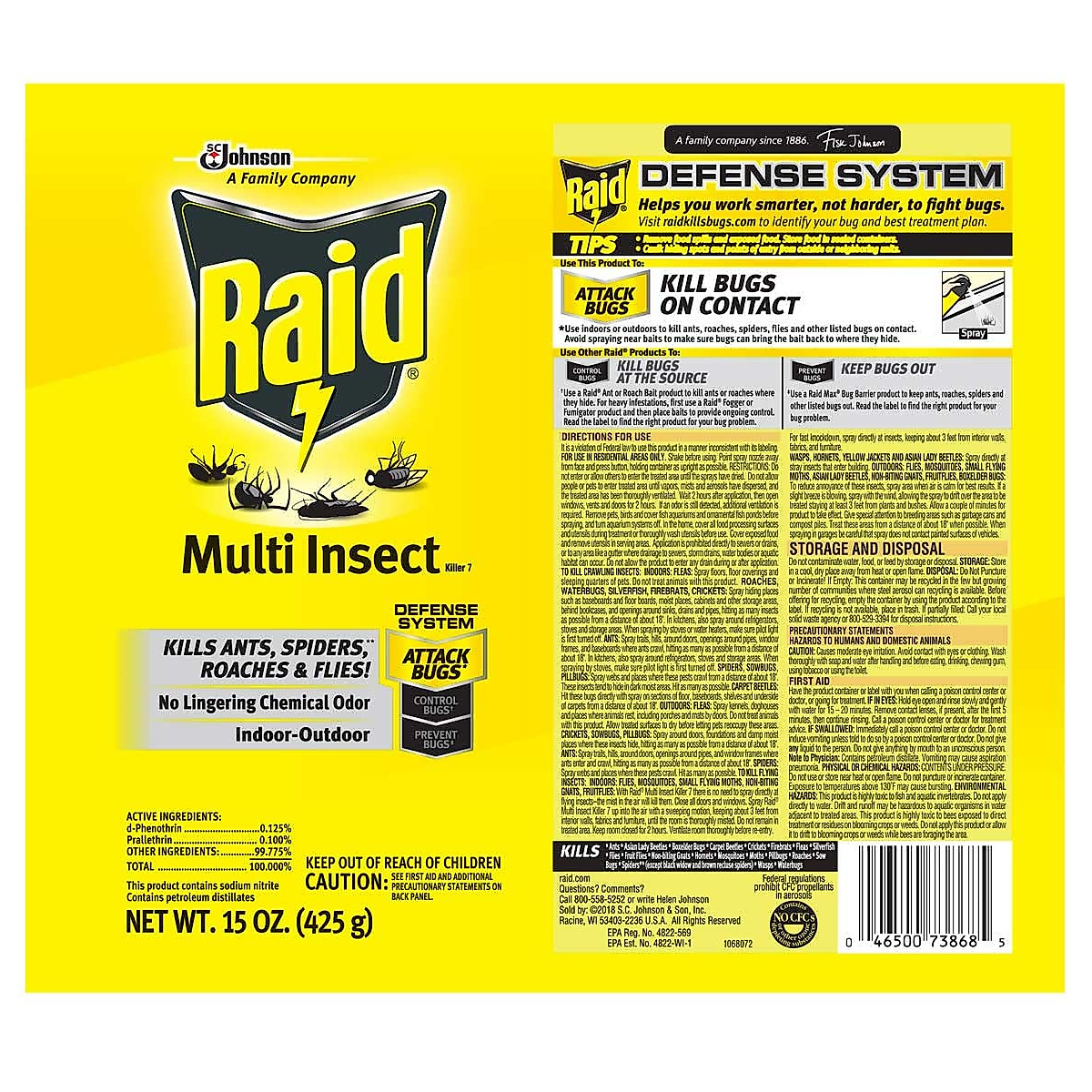 Raid Multi Insect Killer, Kills Ants, Spiders, Roaches and Flies, for Indoor and Outdoor use, 15 Oz (Pack of 4)