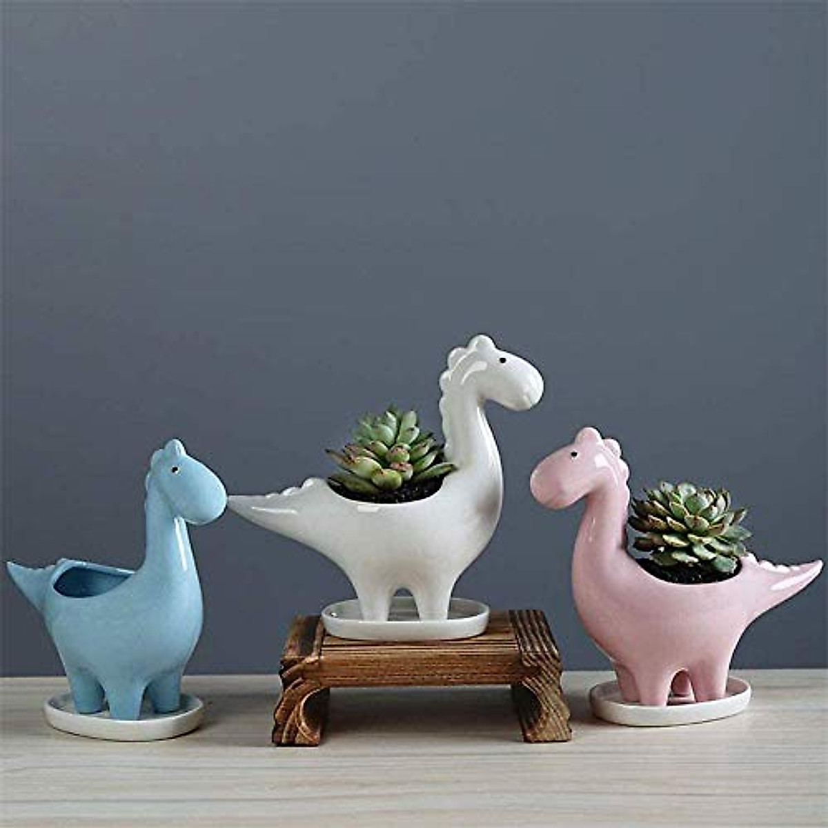 Hica Ceramic Plant Pot Dinosaur Shaped with Tray White Creative Flower Pot for Succulents Plants Multipurpose Vase Home Garden Decor (White)