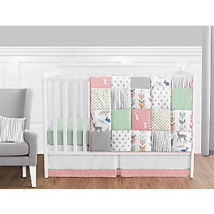 Sweet Jojo Designs Coral, Mint and Grey Woodsy Deer Girls Baby Bedding 11 Piece Crib Set