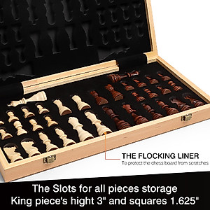 LEAP 15.5" Inches Wooden Chess Set - 2 Extra Queens - Folding Board, Handmade Portable Travel Chess Board Game Sets with Game Pieces Storage Slots - All Age Chess Set for Adults and Beginner