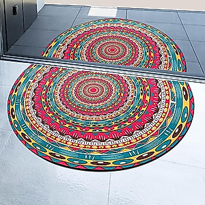 ROOSFEINE (2 PCS) Boho Red Green Half Round Outdoor Door Mat,Diatomaceous Earth Entrance Indoor Non Slip Doormats Mats,Bohemian Resist Dirt Washable Mat,36''x24'' (f1)