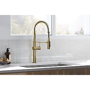 KOHLER 22973-2MB Crue High-Arc Kitchen Faucet with Pull Down Spring Spout, Professional Pre-Rinse Kitchen Faucet, Commercial Faucet, Vibrant Brushed Moderne Brass