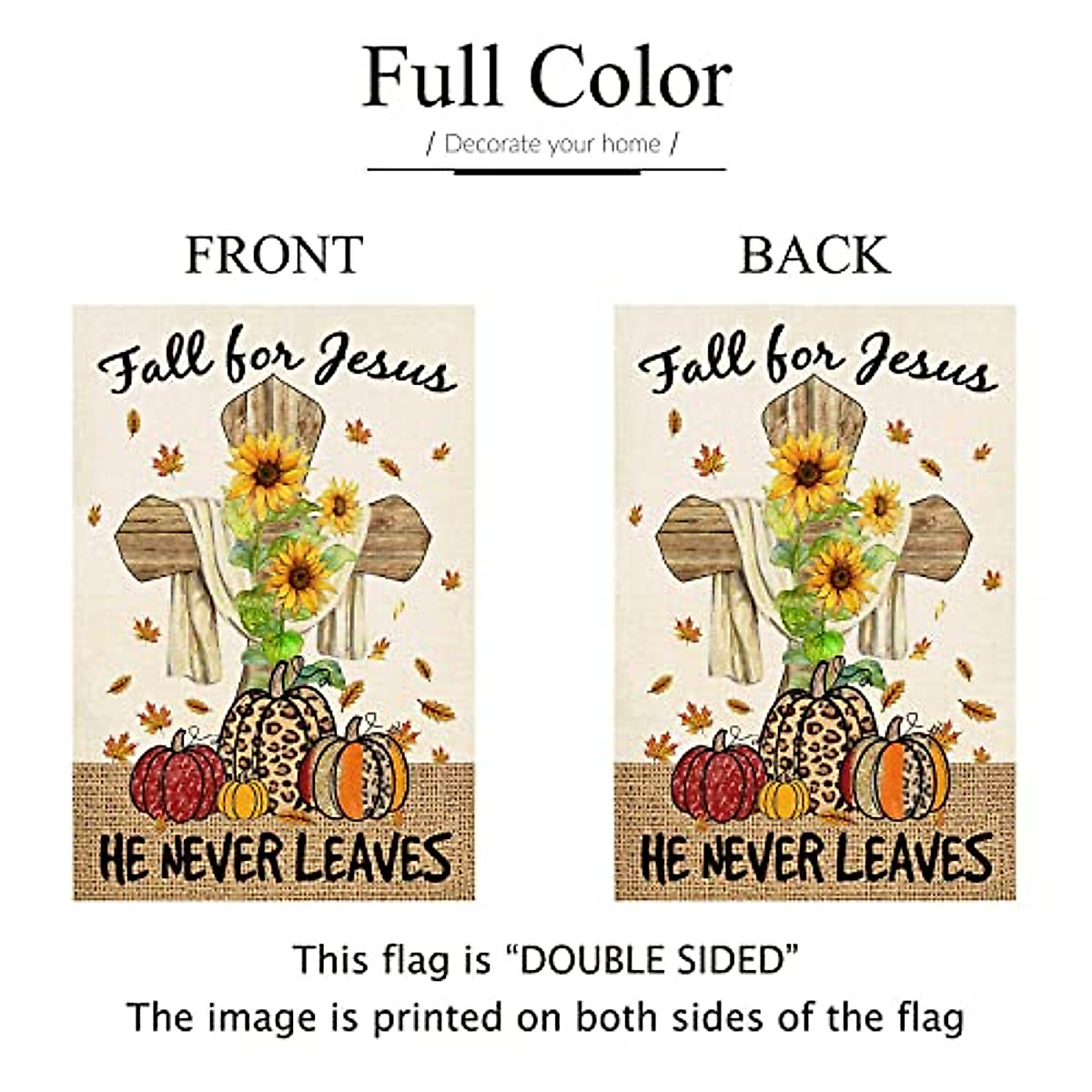 ORTIGIA Fall for Jesus Pumpkin Garden Flag He Never Leaves Christian Cross with Sunflowers Flag Vertical Double Sided Autumn Thanksgiving Harvest Farmhouse Seasonal Holiday Yard Décor 12x18inch