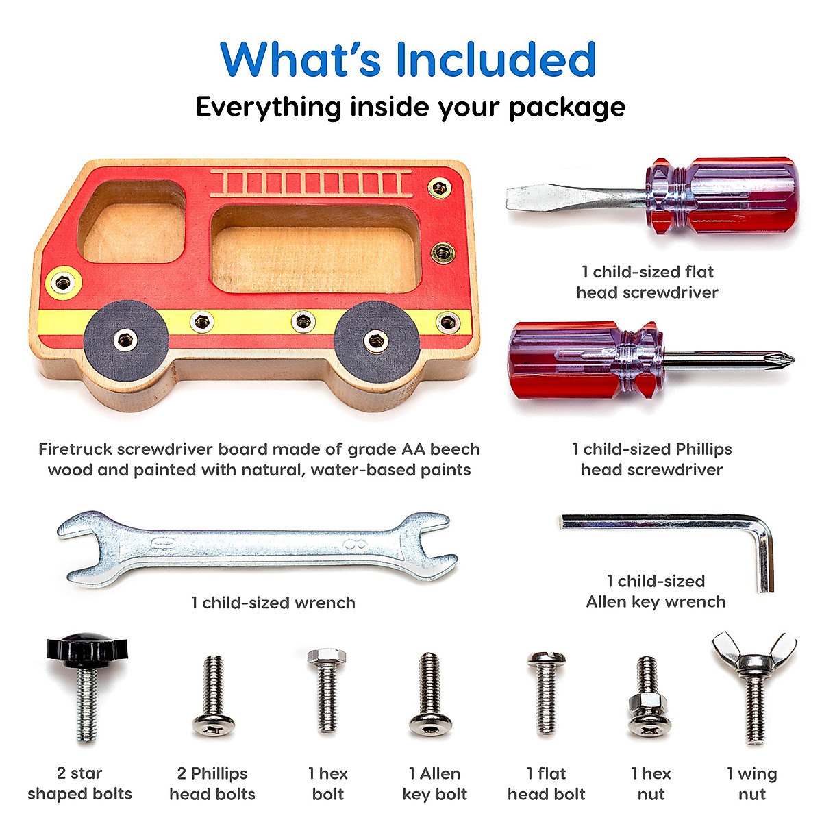 Montessori Screwdriver Set with Bolt Board. Toddler Tool Set with Real Tools for Kids Who Love Fire Truck Toys. Wooden Montessori Toys for 3, 4, 5 Year Olds. Fine Motor Toy for Preschool Learning.