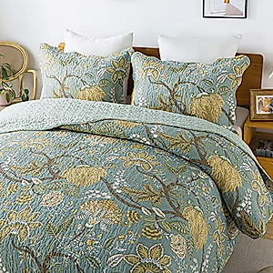 Travan 3-Piece Quilt Set Quilted Bedspread Cotton Coverlet Set Floral Printed Oversized Quilted Bedding Set with Shams for All Season, Green Vine, King Size