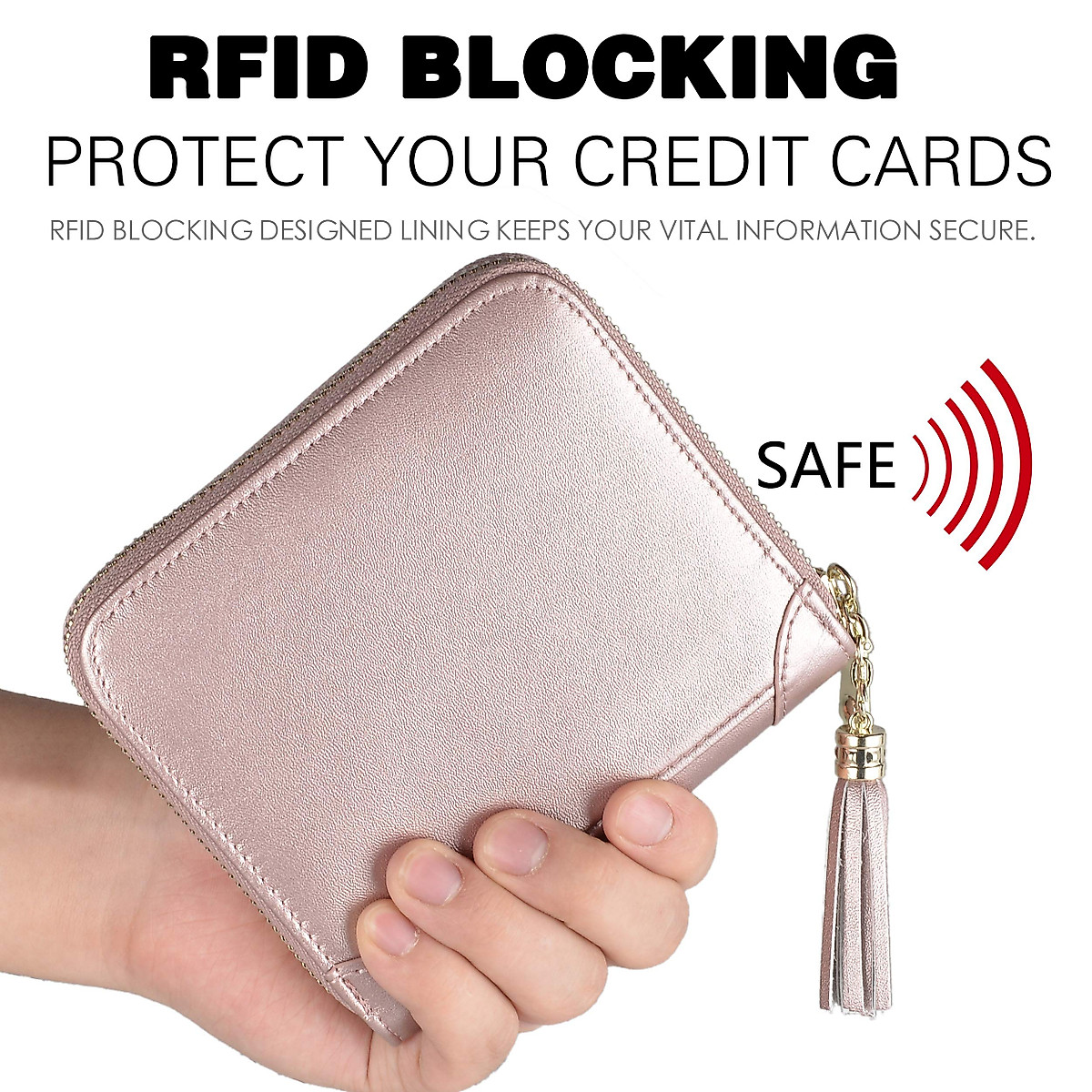 Easyoulife Womens Credit Card Holder Wallet Zip Leather Card Case RFID Blocking (Rose Gold)