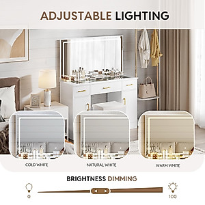 WAYES 43.3" Clear Glass Top Makeup Vanity Desk Set with LED Mirror, Charging Station, and Storage Stool, Modern, White