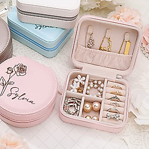 Bridesmaid Proposal Gifts Custom Leather Jewelry Box, Birth Flower Travel Jewelry Case Ring Box, Personalized Jewelry Organizer, Wedding Bachelorette Gifts for Women Girls (White-Rectangle)