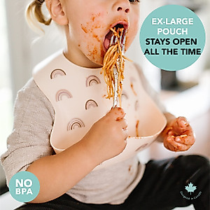 Loulou Lollipop Soft, Waterproof Silicone Feeding Bib for Babies and Toddlers 3 to 36 Months, Easy to Clean, Adjustable Fit and Catch-All Pouch - Rainbow