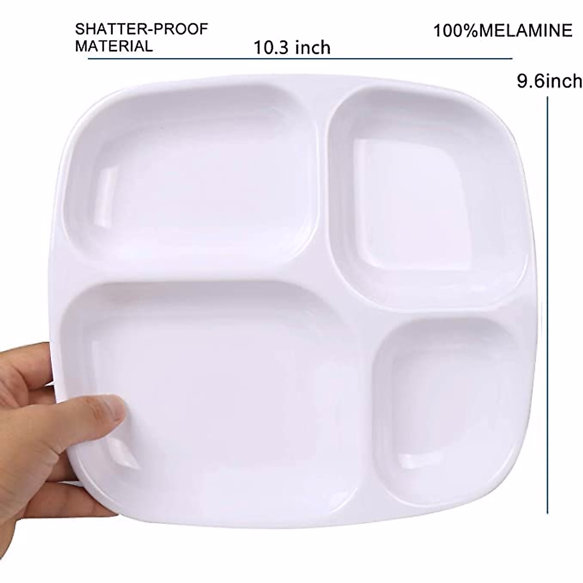 HOMEREFROM 8 Pcs -10.2”Meal Trays Melamine Compartment Dessert/Salad Plates, 4 Section Compartment Divided Plates, melamine platter,Salads, noodles, burgers,Safe for Dishwasher (White)