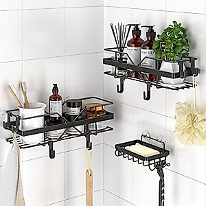 YASONIC Bathroom Shower Organizer, 3-Pack Adhesive Shower Caddy with Soap Holder and 12 Hooks, No Drilling Wall Mounted Rustproof Stainless Steel Shower Shelf, for Inside Shower, Bathroom, Black