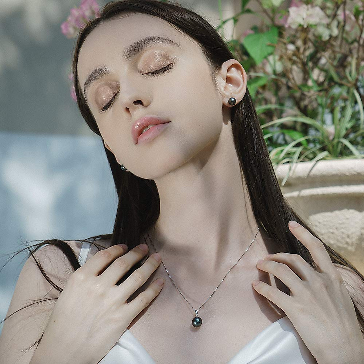 DENGGUANG Tahitian Black Pearl Necklace 18K Gold 11-12 mm South Sea Cultured Pearl Pendant Necklaces - Birthday Anniversary Jewelry Gifts for Women Wife Mom Daughter (White Gold 18 inches)