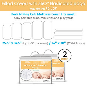 Pack n Play Fitted Waterproof Mini Crib Mattress Protector | 2 Pack | 27" X 39" | Quilted Crib Mattress Cover Pad Fits Most Pack n Plays, Mini Crib, Playards and Foldable Mattresses