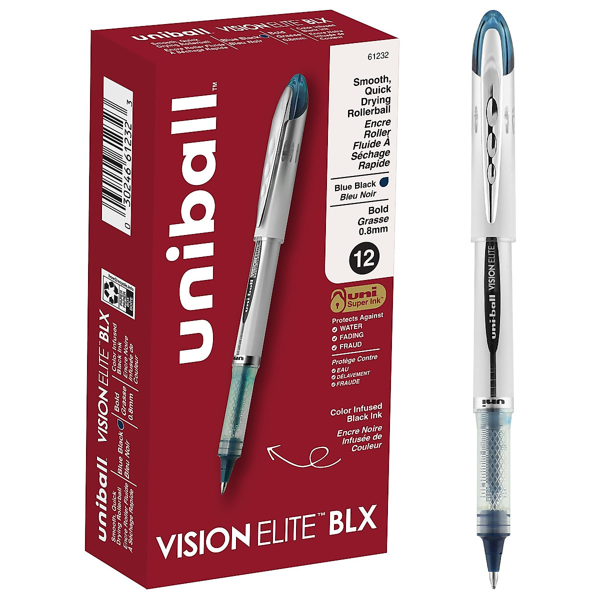 uni-ball Vision Elite BLX Infusion Rollerball Pens Bold Point, 0.8mm, Blue/Black, 12 Pack