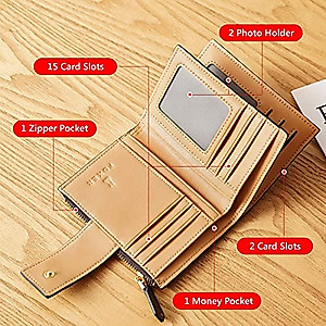 EUNI Faux Leather Wallets for Women Small Wallets, Ladies Cute Zipper Purses Credit Card Holders, PVC Signature Leather Monogram Wallets (Brown)