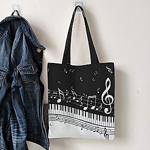 Moslion Music Note Canvas Bags Piano Keys Musical Keyboard Black White Tote Bags Laptop Bags Large Bulk Reusable for Women Men Work Study 15x16 Inch