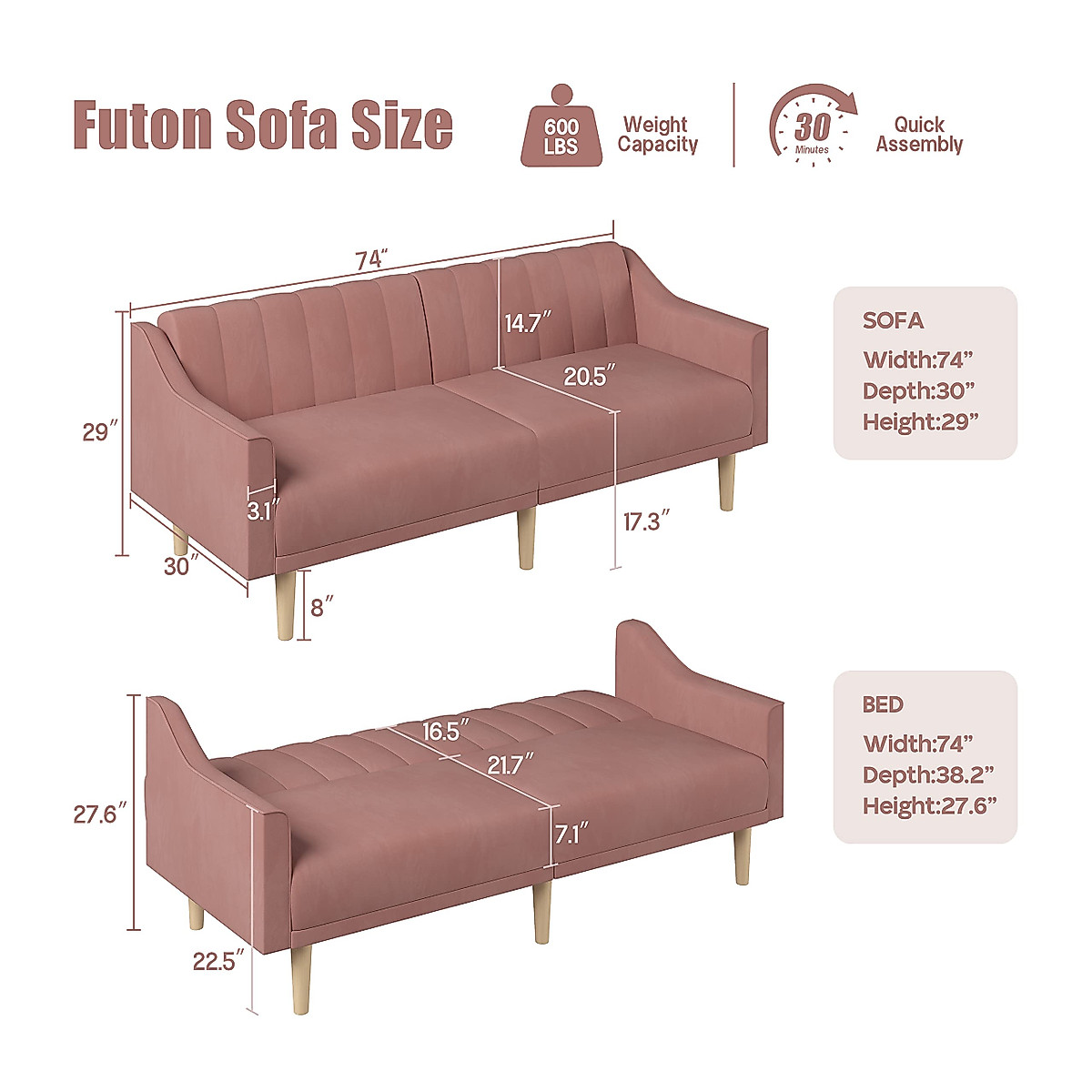 Lonkwa Velvet Futon Sofa Bed Couch, Convertible Sleeper Sofa, 74" Loveseat Futon Couch with Adjustable Backrests, Pink Couches for Living Room Bedroom Apartment
