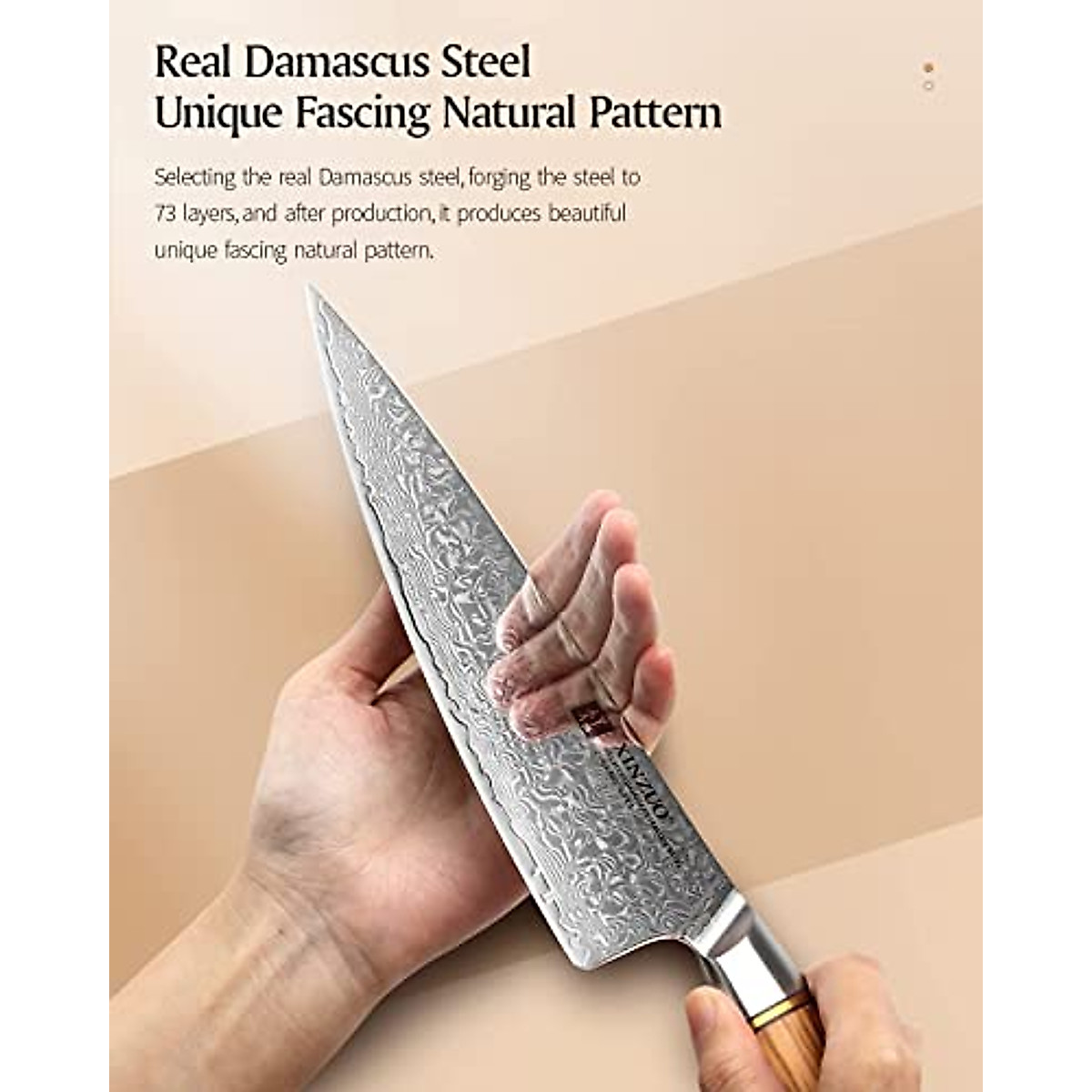 XINZUO 8-Piece Damascus kitchen Knife Set with Block& Kitchen Scissors, Hand Forged 73 Layer Damascus Powder Steel Professional Chef Knife Sets, Olive Wood Handle, Gift Box