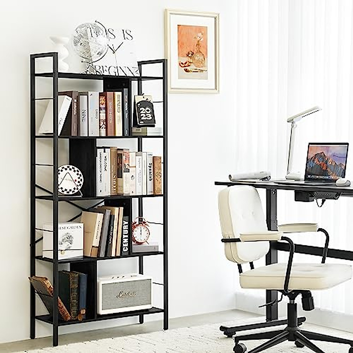 Yoobure 5 Tier Tall Book Shelf, Industrial Bookshelf Storage Bookcase, Open Wood Book Case, Rustic 5 Shelf Display Shelf for Living Room, Modern Standing Book Shelf for Bedroom, Home Office, Kitchen