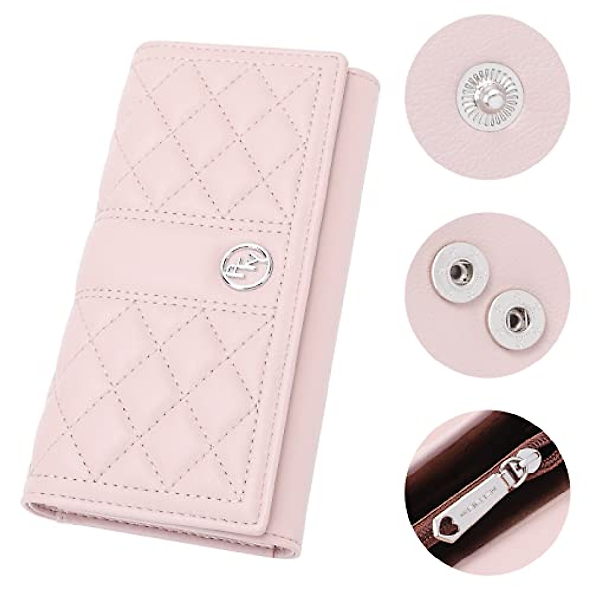 Felomdep Womens Wallet Medium Size Trifold Rfid Blocking Soft PU Leather Large Capacity Long Pink Shopping Wallet For Lady Travel Document Accessories Holder For Passport,Credit Card,Vaccine Card etc