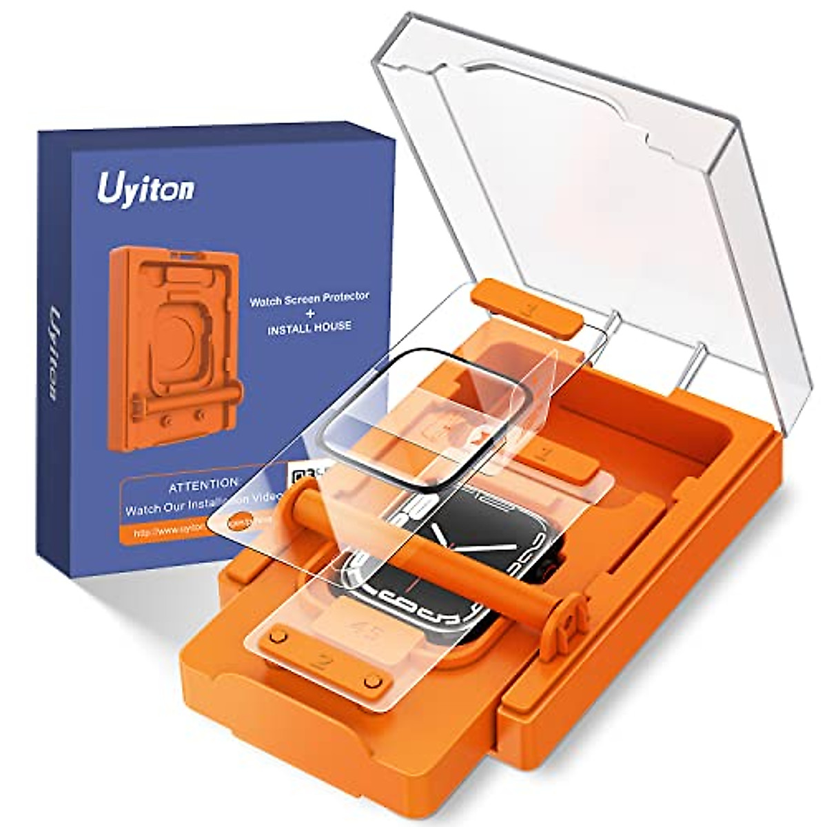 Uyiton Compatible with Apple Watch Series 8/7 45mm Screen Protector [Full Coverage][Auto-Alignment Installation Kit] HD Clear Bubble-Free Hard Coated Flexible PET Film for iWatch Cover 45mm, 2 Pack