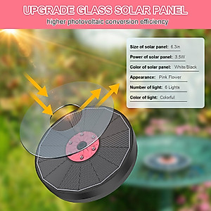 Yzert Solar Fountain Bird Bath Fountains with Colorful Light&Pink Flower,Solar Powered Water Fountain with 7 Nozzle & 4 Fixer,Solar Fountain Pump for Bird Bath, Pool, Garden, Pond(Black Panel)