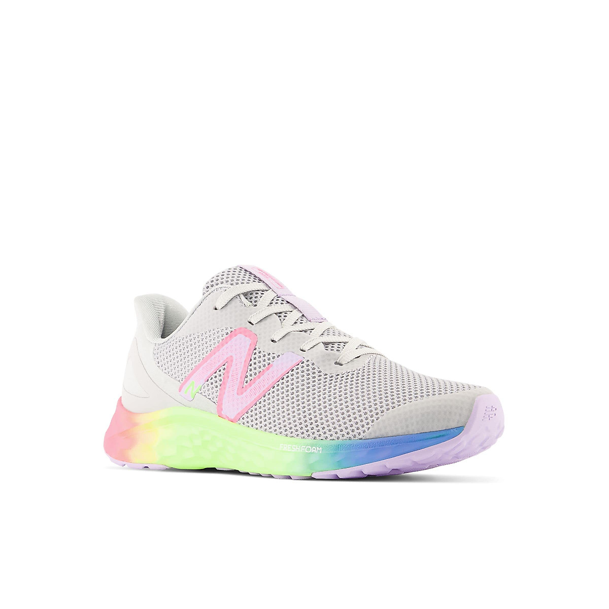 New Balance KIds Arishi Fresh Foam v4 Sneaker, LIGHT ALUMINUM/CYBER LILAC/NEON PINK, 5 M Big Kid (8-12 Years)