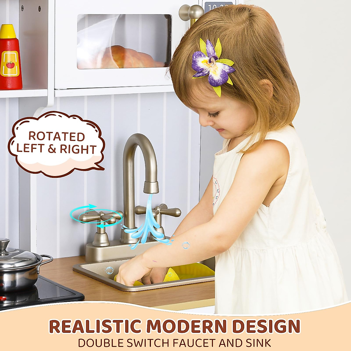 Clevich Play Kitchen, Wooden Kids Kitchen Playset, Pretend Chef Cooking Toy Set w/Realistic Lights & Sounds, Ice Maker, Telephone, Kitchen Accessories, Height Adjustable for Boys Girls Age 3+