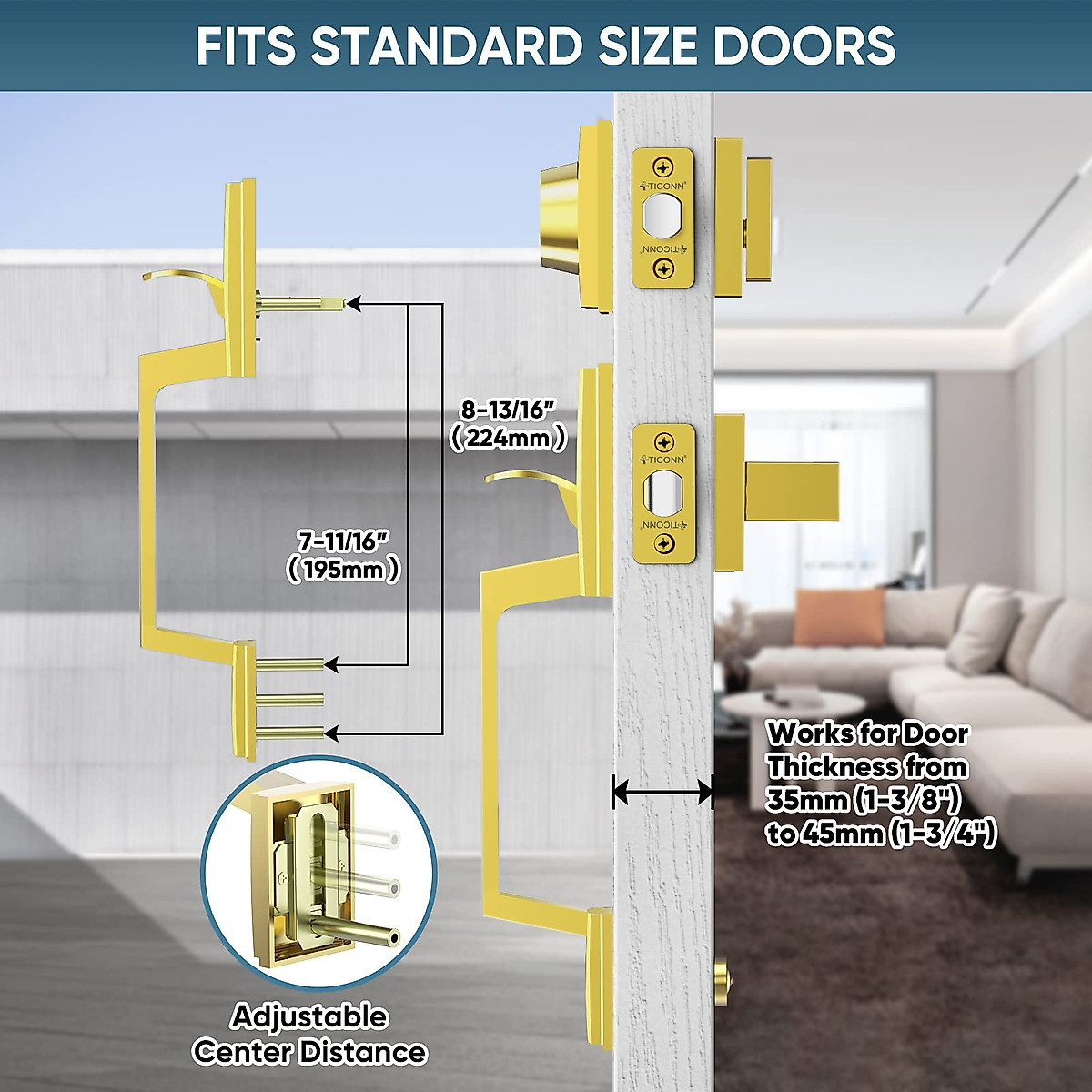 TICONN Front Door Handle Set, Heavy Duty Square Door Lever & Single Cylinder Deadbolt Combo Reversible for Entrance Exterior Doors (Polished Brass)