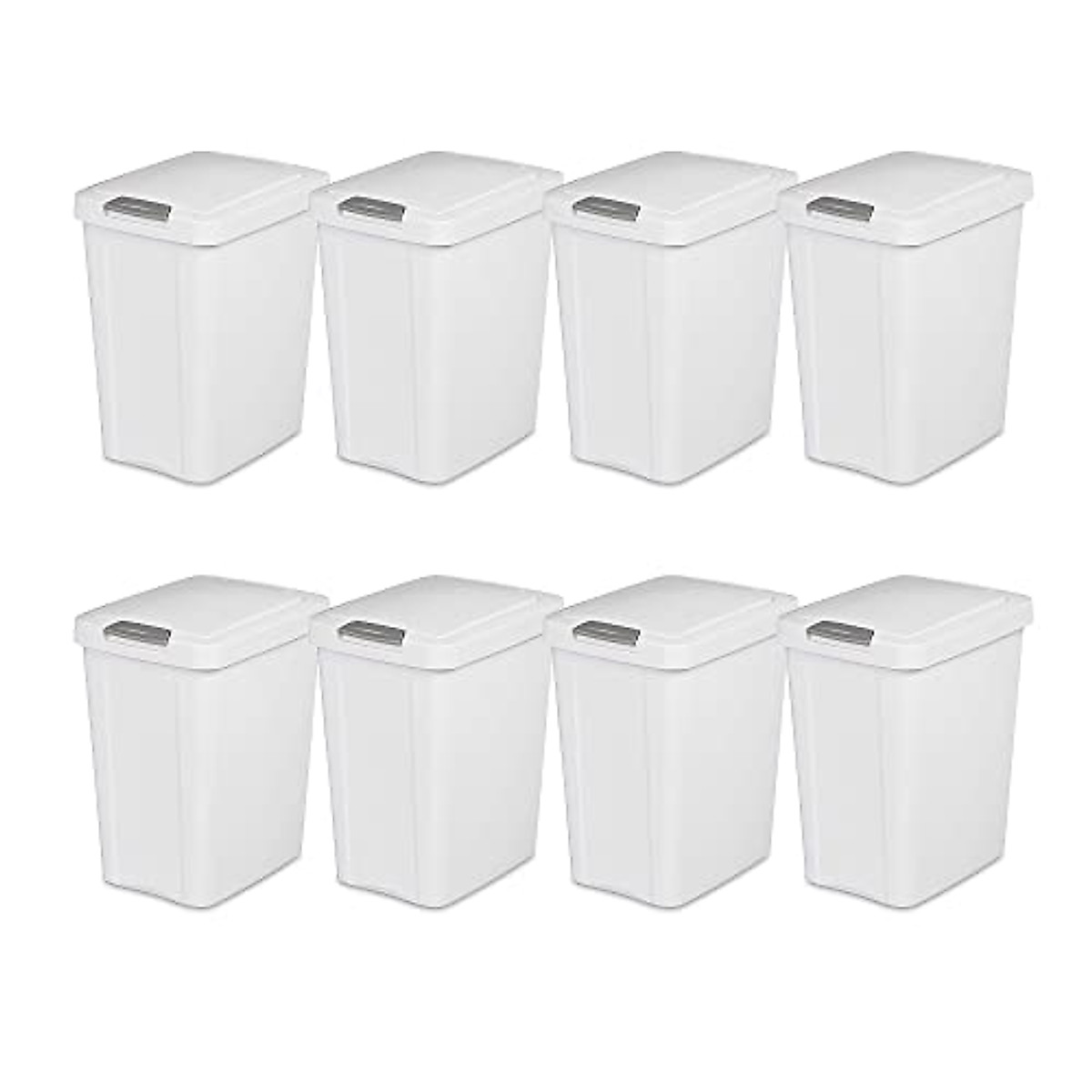Sterilite 10438004 7.5 Gallon Slim Profile TouchTop Wastebasket with Titanium Latch, Fits 8 Gal Trash Can Bags, Locks in Garbage Bin Odors, White 8 Ct