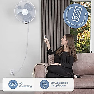 NEXAIR 16 Inch Oscillating Wall Mount Fan, Quiet Operating Room Fan With Remote Control, 3 Speed Wall Fan for Bedroom with 7.5 Hr Auto Off Timer, Adjustable Cooling Fan For Home, Office & Living Room