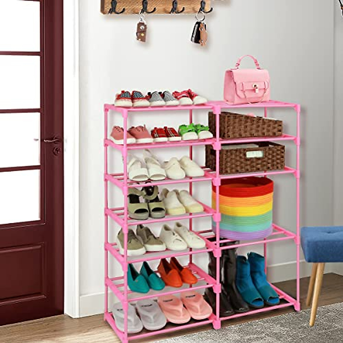 LNYZQUS 7-Tier Large Pink Shoe Rack, 24-30 Pairs Tall Shoe Organizer Shoe Shelf,Kids Shoe Stand Boots Organizer For Garage Closet Entryway
