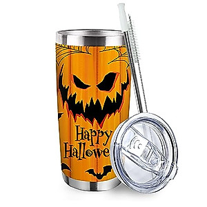 Zzkol Happy Halloween Jack O Lantern Tumbler with Lid and Straw, Pumpkin Bat Spider Web Stainless Steel Travel Coffee Cup, 20oz Funny Fall Autumn Double Wall Vacuum Insulated Mug Halloween Gifts