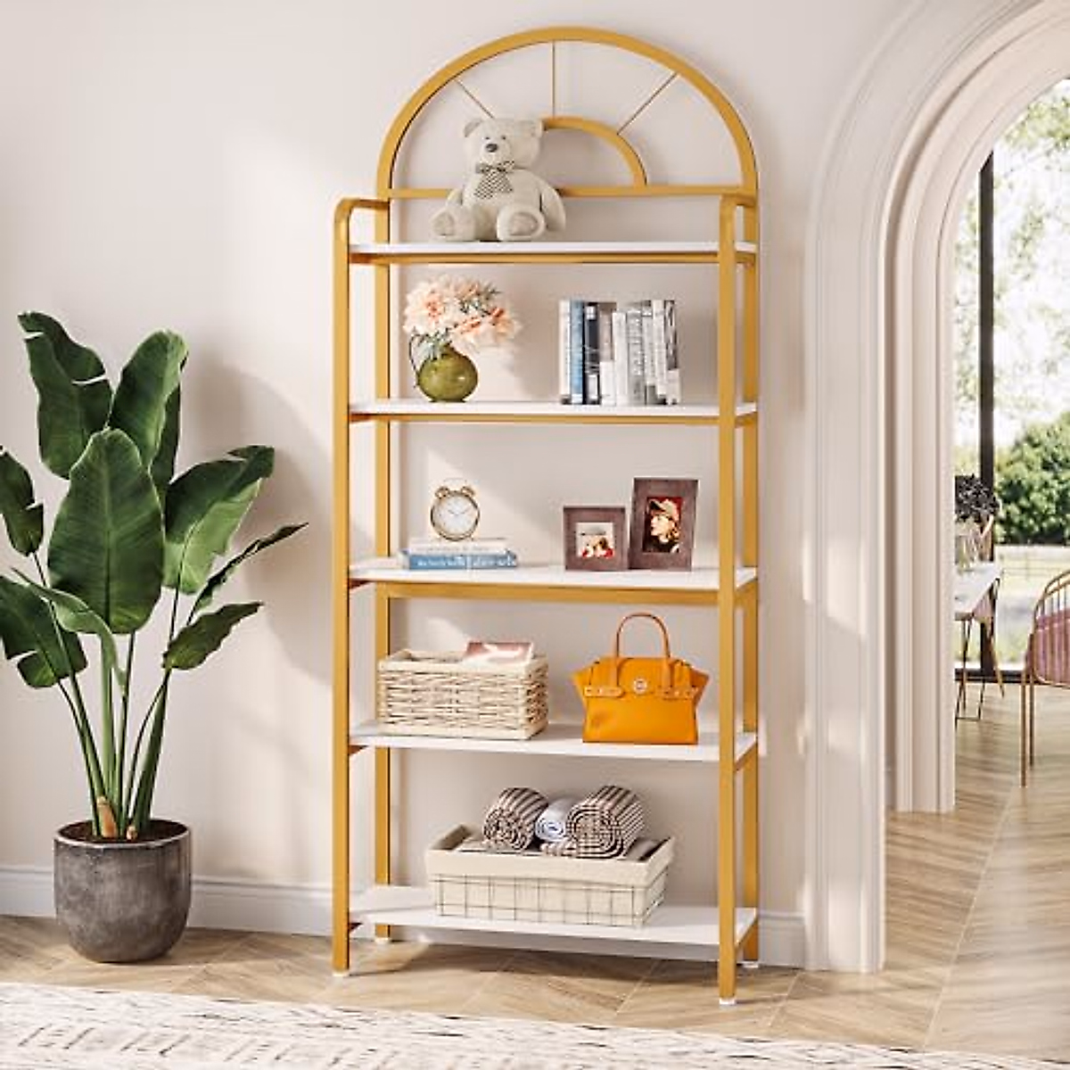 Tribesigns White and Gold Arched Bookshelf 5 Tier Bookcase, Gold Shelves for Living Room Freestanding Tall Display Shelf, Decorative Shelf for Bedroom