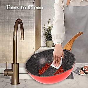 Minluful 11 Inch Nonstick Deep Frying Pan with Lid, Ceramic-Coated Skillet Wok Saute Pan with Wooden Handle