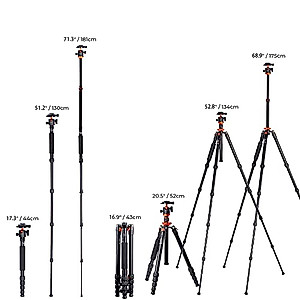 K&F Concept 68 inch /175cm Camera Tripods,Compact Travel Tripod with Monopod,10kg/22lbs Load Capacity 360° Panorama Ball Head Compatible with DSLR Cameras K255A4+BH-28L (TM2515M1)