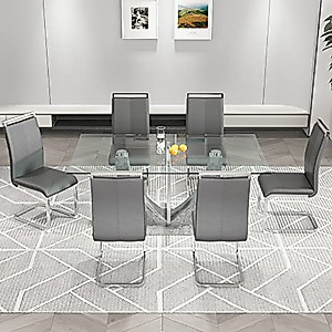 67" Rectangular Glass Dining Table Set for 6, Modern Rectangle Dining Table & Chair Sets for Kitchen Room, 67 inch Tempered Glass Table Top and PU Leather Dining Chairs with Silver Plating Legs, Grey