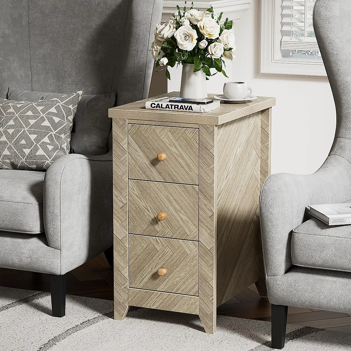 Anmytek Tall Narrow End Table with 3 Drawers, 25.8" H Skinny Nightstand Modern Bedside Table, Wood Narrow Side Table for Bedroom, Small Spaces, Sofa