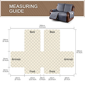 KinCam Waterproof Loveseat Recliner Cover, Reclining Loveseat Covers for 2 Seat, Recliner Sofa Cover Furniture Protector with Elastic Straps for Kids, Pets, Gray