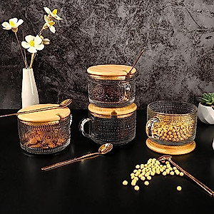 LUECMO Vintage Coffee Tea Cups [4 Pack], 14 oz Glass Tea Coffee Mugs, Clear Embossed Glass Cups for Cappuccino, Latte,Cereal, Yogurt, Beverage (2 sunflower + 2 raindrops)