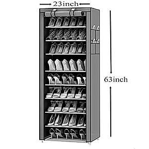 SoSo-BanTian1989 Grey 10 Tiers Metal Tube Frame Shoe Rack with Dustproof Cover, 27 Pairs Shoes Cabinet Closet Storage Organizer Tower Shelf
