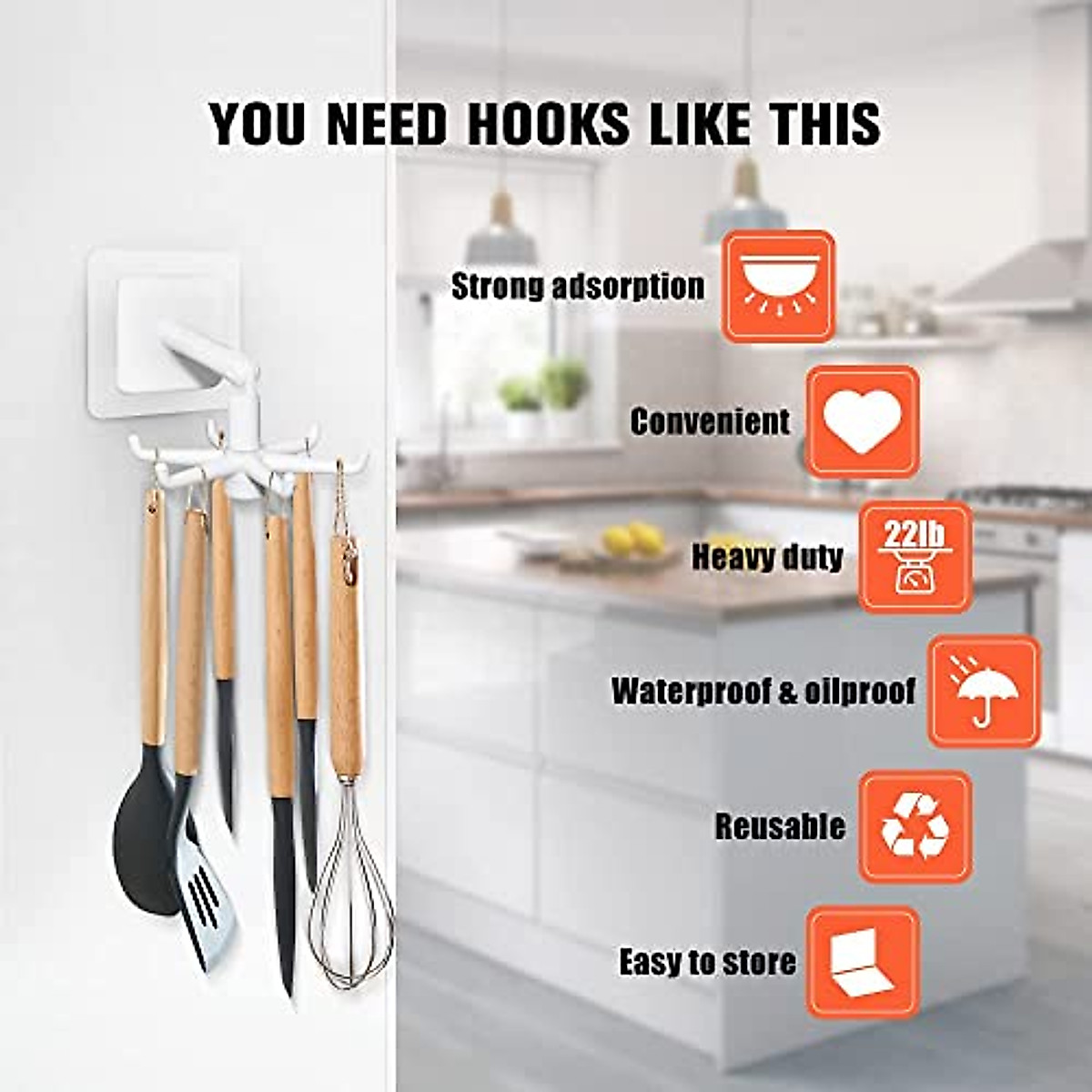 6 Pack Heavy Duty Under Cabinet Utensil Holder Hanger Hook, 360 Degrees Rotating Folding Hook Self Adhesive Hook Utensil Rack with 6 Hooks for Bathroom, Kitchen and Home （White）