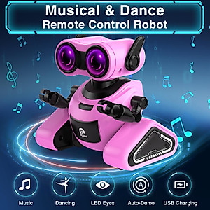 Yerloa Girls Robot Toys with 3D Stickers for 3-5, Baby Easter Toys Remote Control Robot Toy for Kids with Music and 4 Color LED Eyes, Singing, Dancing, Birthday for Boys Girls Aged 3 4 5 6 7 Year Old